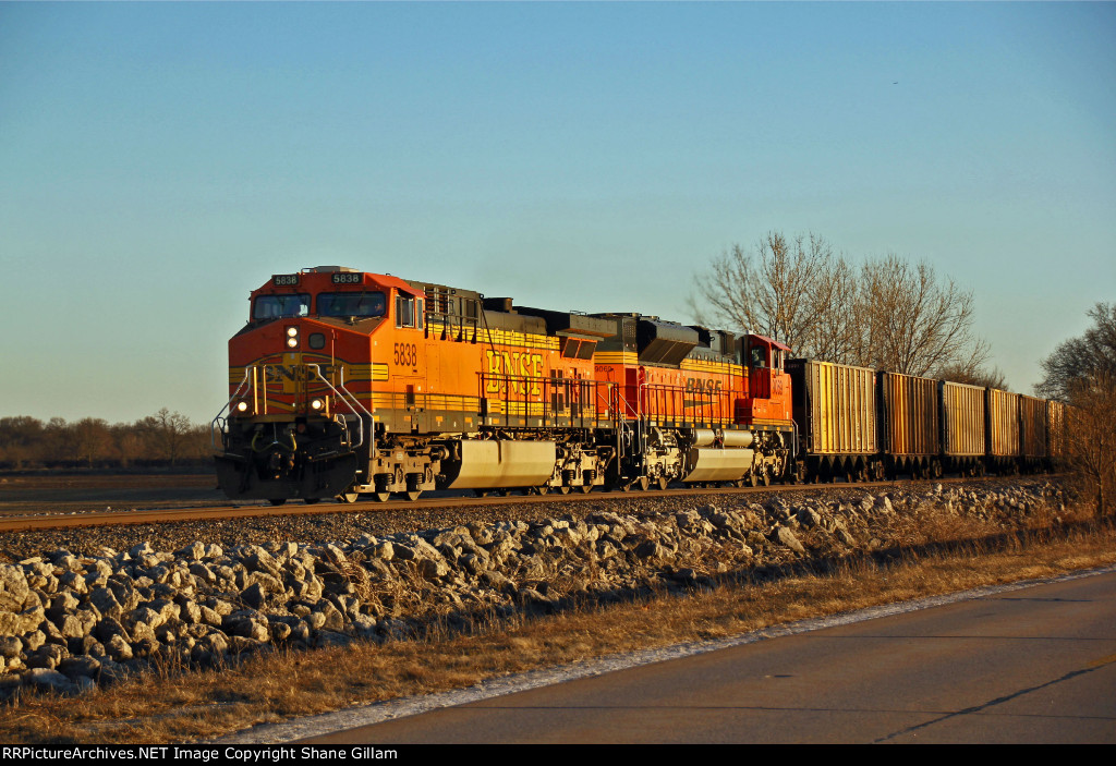 BNSF 5838 Leans into the low sun with a empty coal train.